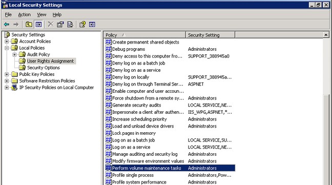 Configuring Windows Instant File Initialization for SQL Server 2005