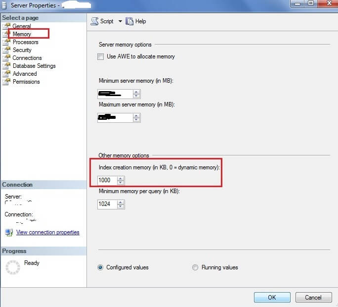 Index Create Memory Setting for SQL Server Index Create Memory Setting for SQL Server