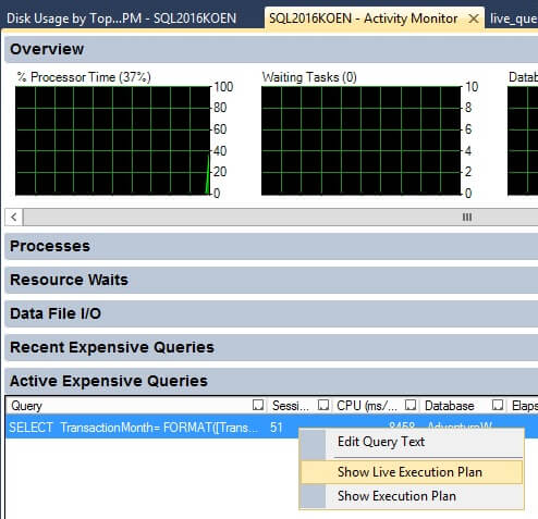 Live Query Statistics in SQL Server 2016