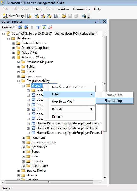 Searching for database objects using SQL Server Management Studio