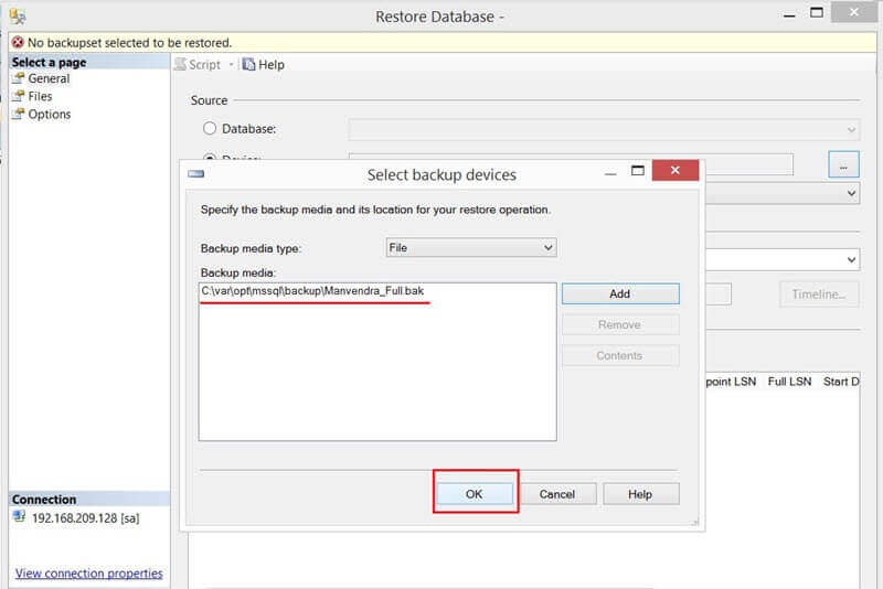 Restore SQL Server database on Linux from backup on Windows