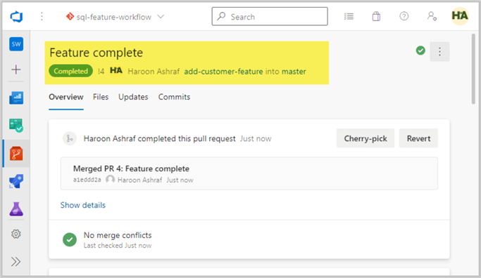 Git Branch for New Features in SQL Database Project