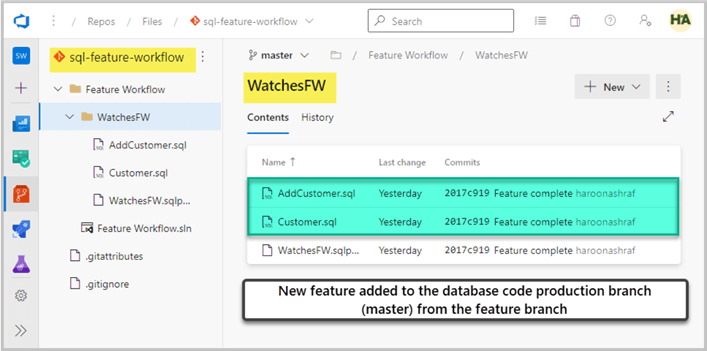 Git Branch for New Features in SQL Database Project